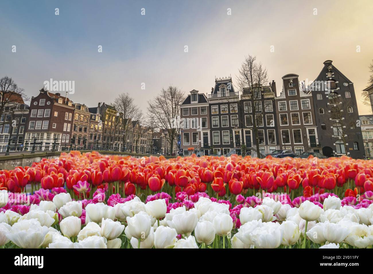 Amsterdam Netherlands, city skyline at canal waterfront and bridge with ...