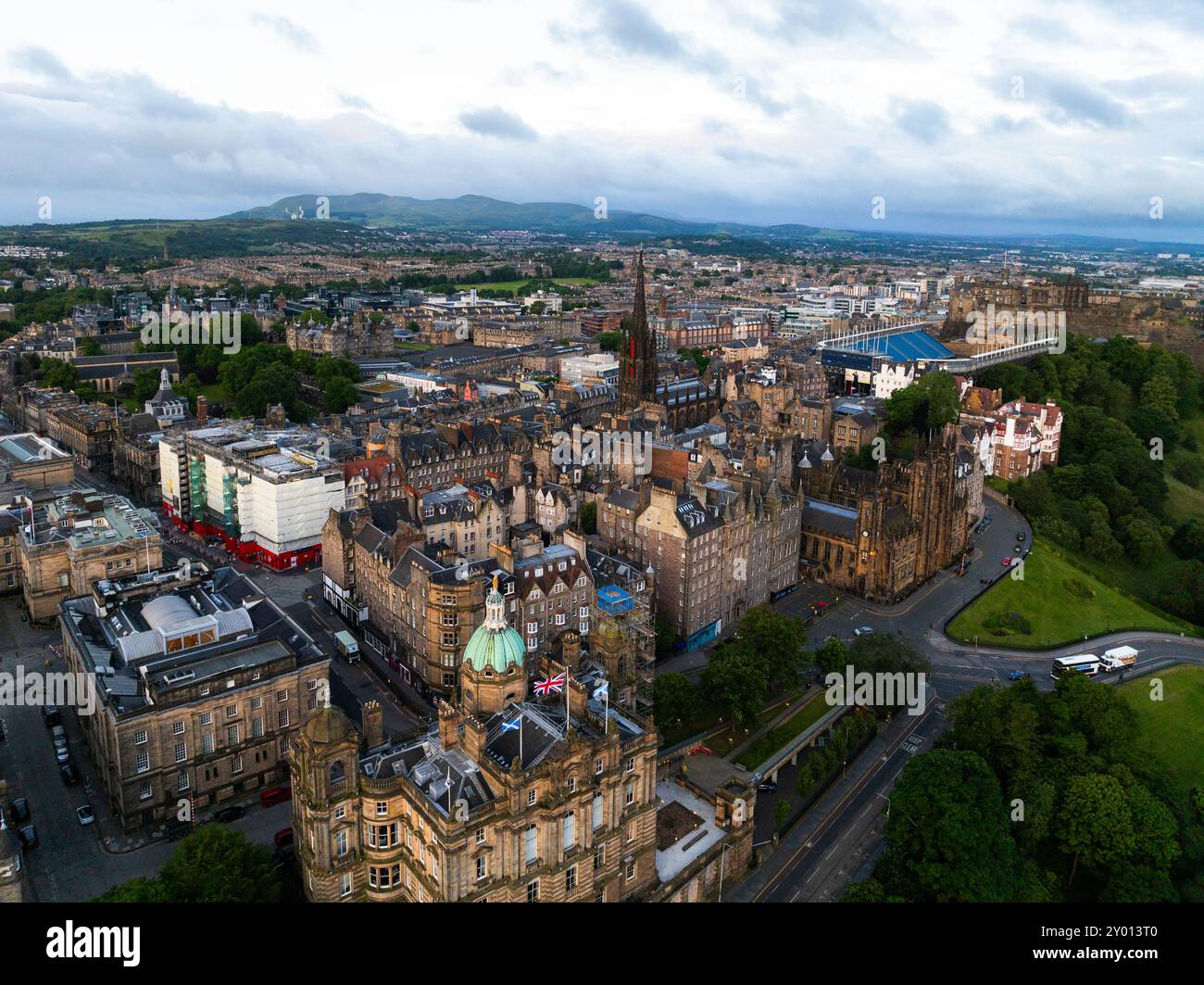 Aerial view of old historical buildings and skyline of Edinburgh City ...