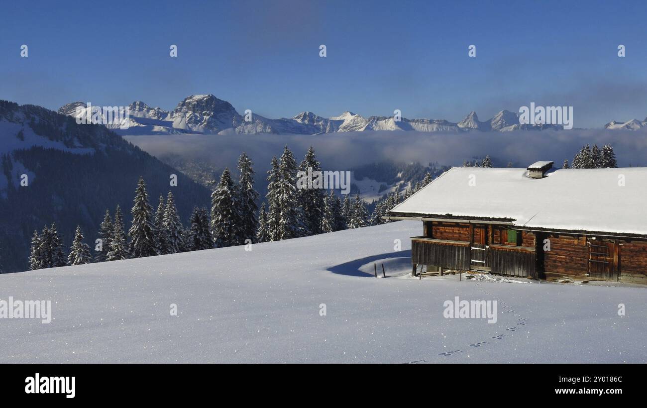 Winter scene near Gstaad, Swiss Alps. Snow covered mountains and forest ...