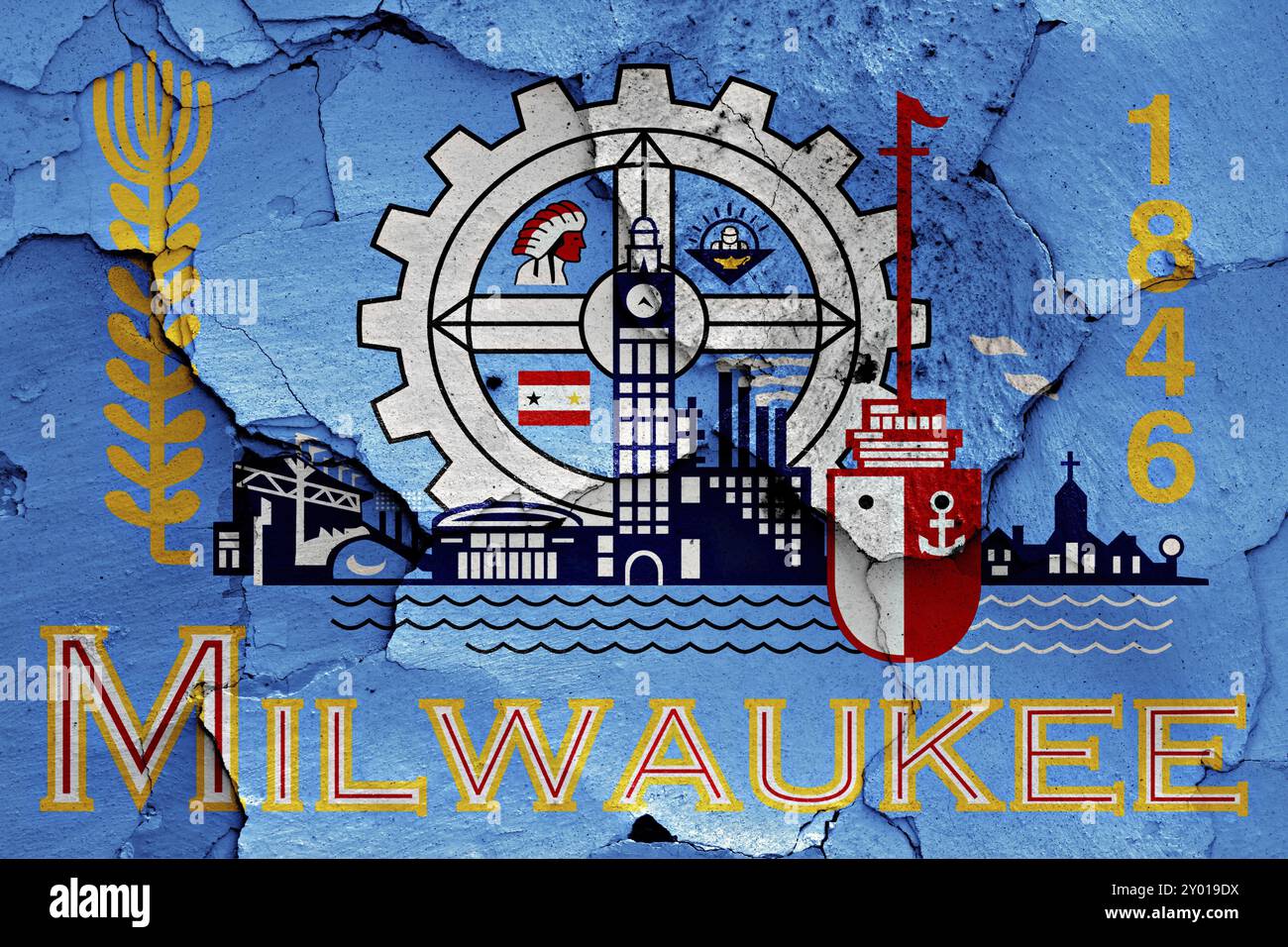 Flag of Milwaukee painted on cracked wall Stock Photo - Alamy