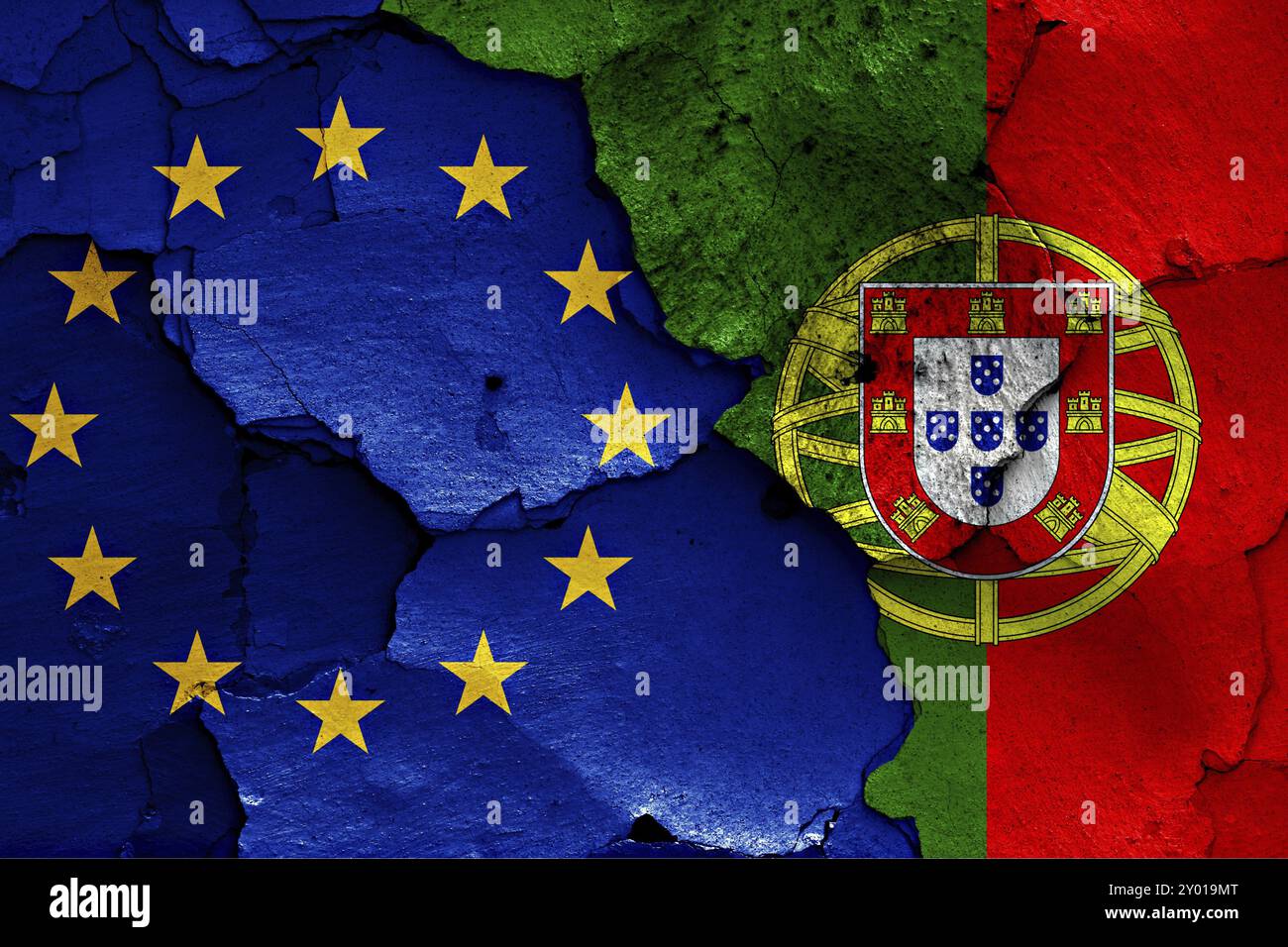 Flags of EU and Portugal painted on cracked wall Stock Photo - Alamy