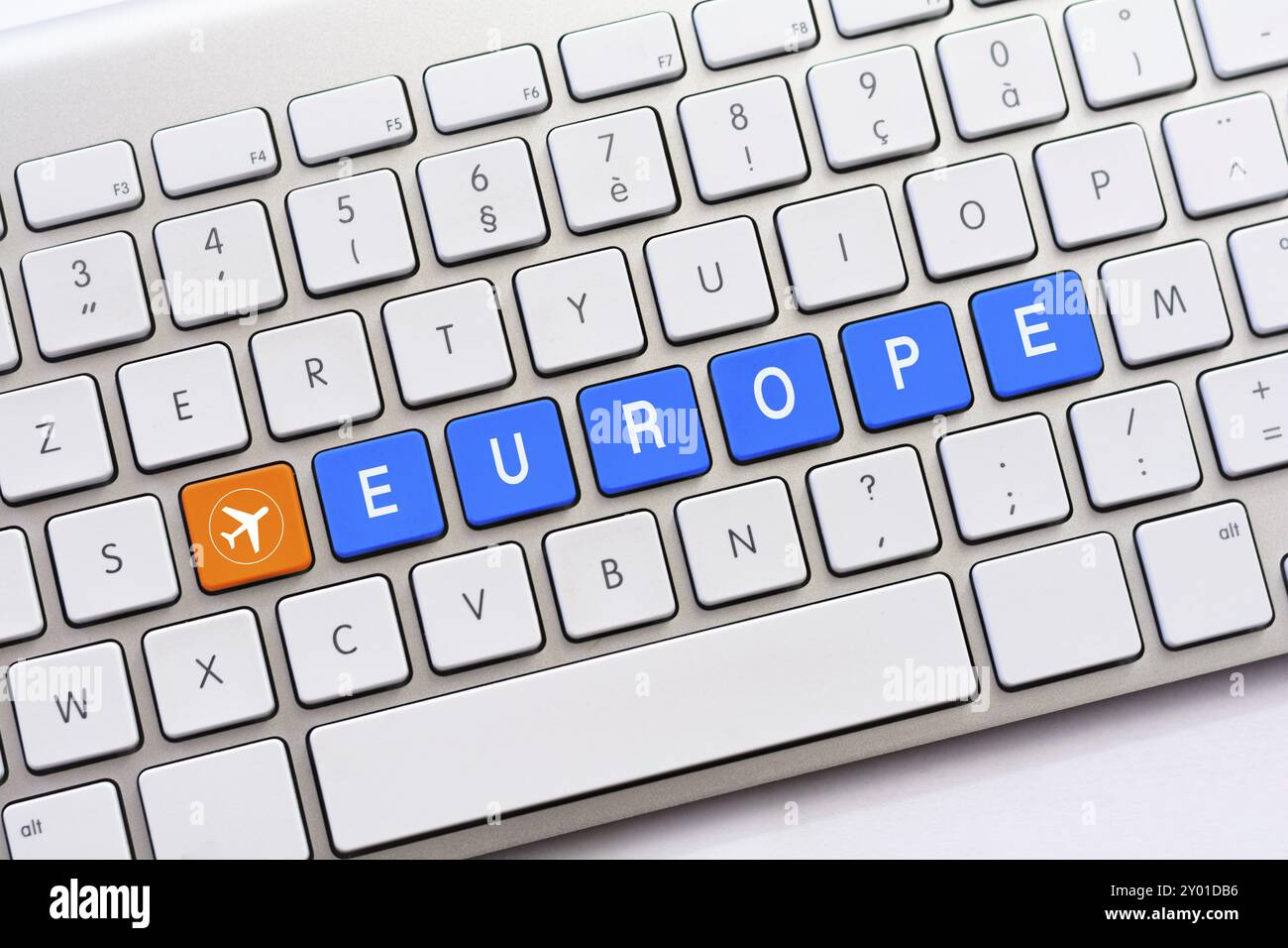 EUROPE writing on white keyboard with a aircraft sketch Stock Photo - Alamy
