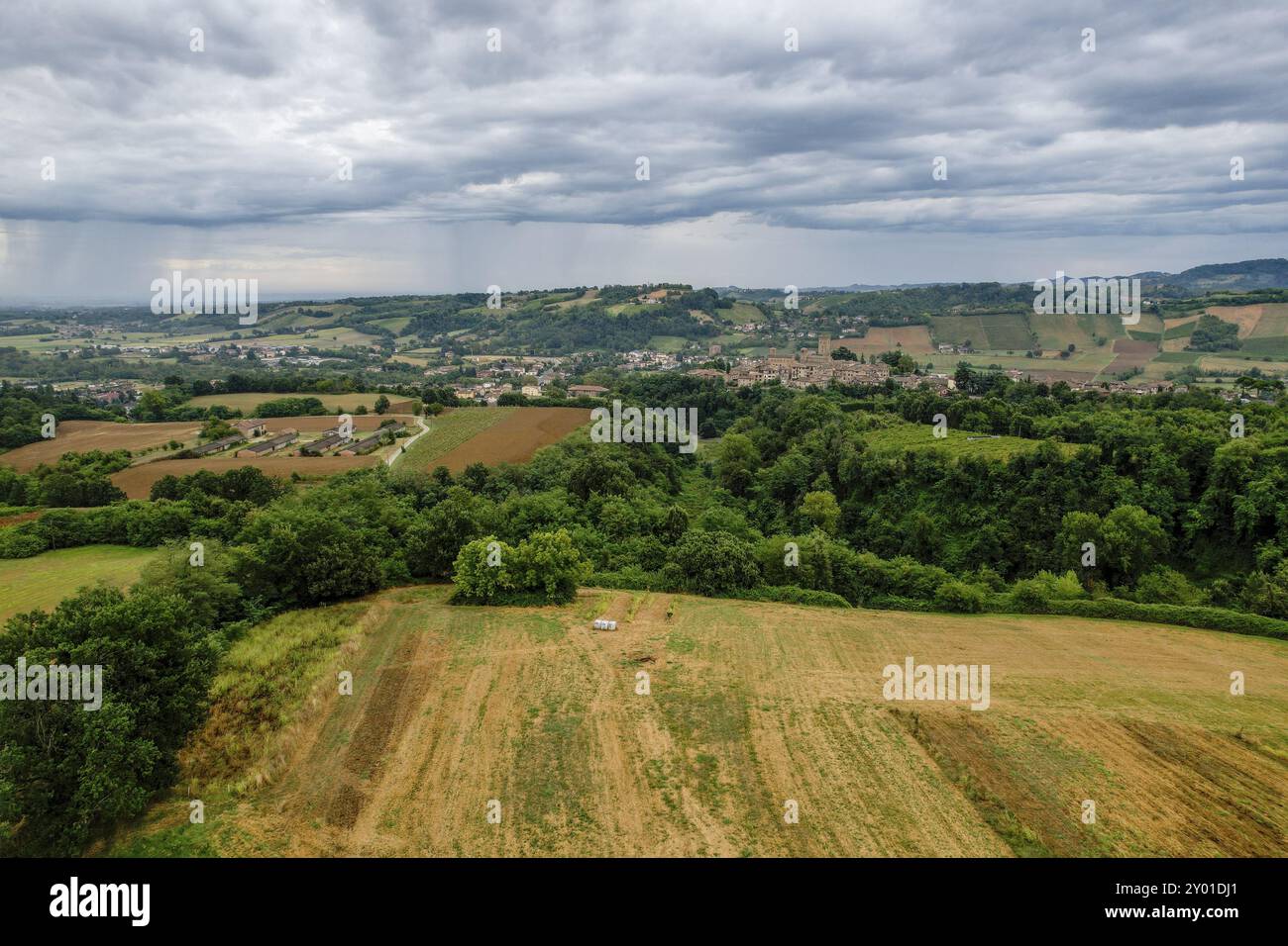 Aerial view of the italian countryside showing farms and villages with ...