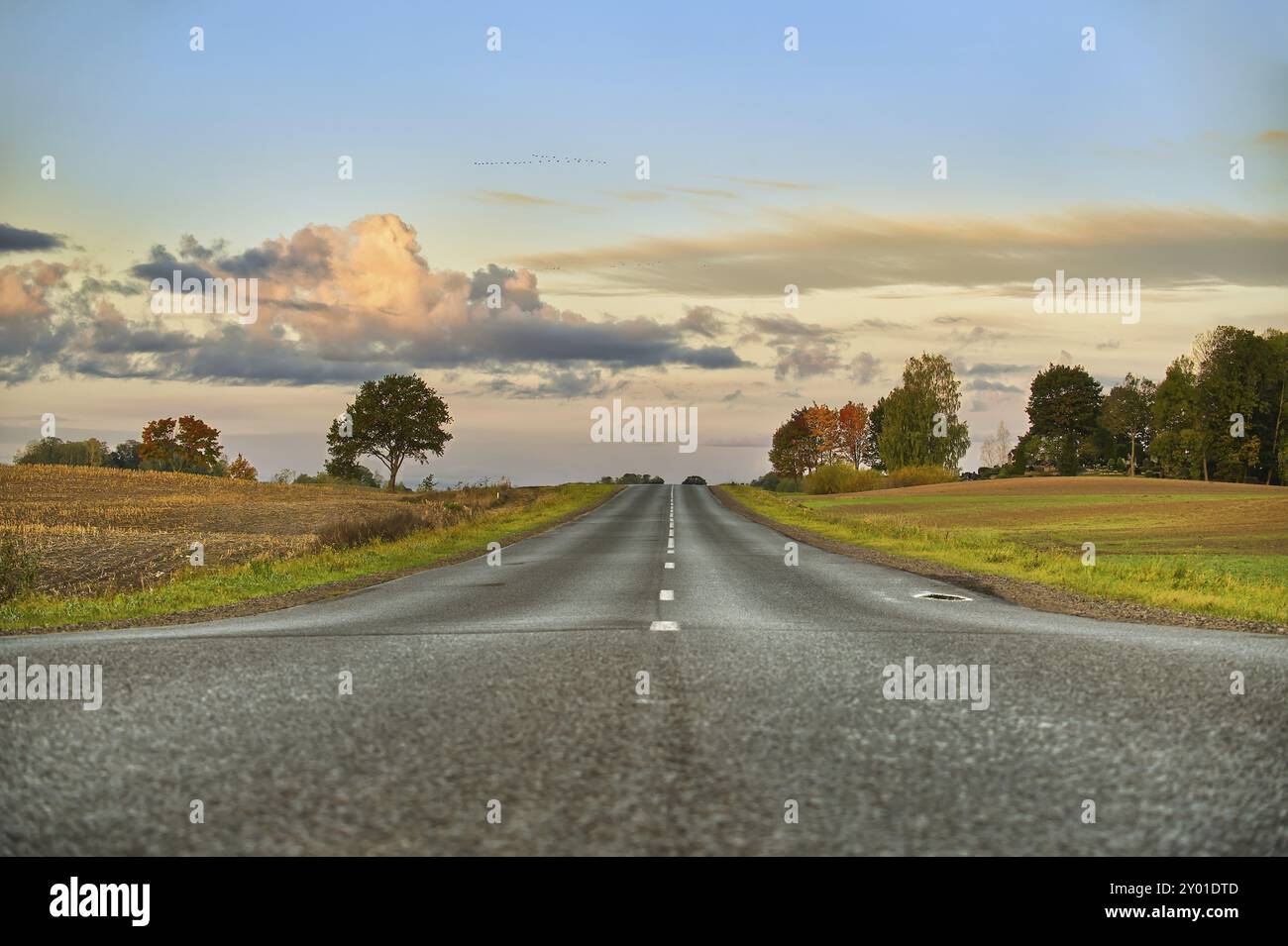 Receding asphalt road with a white line receding to the horizon ...