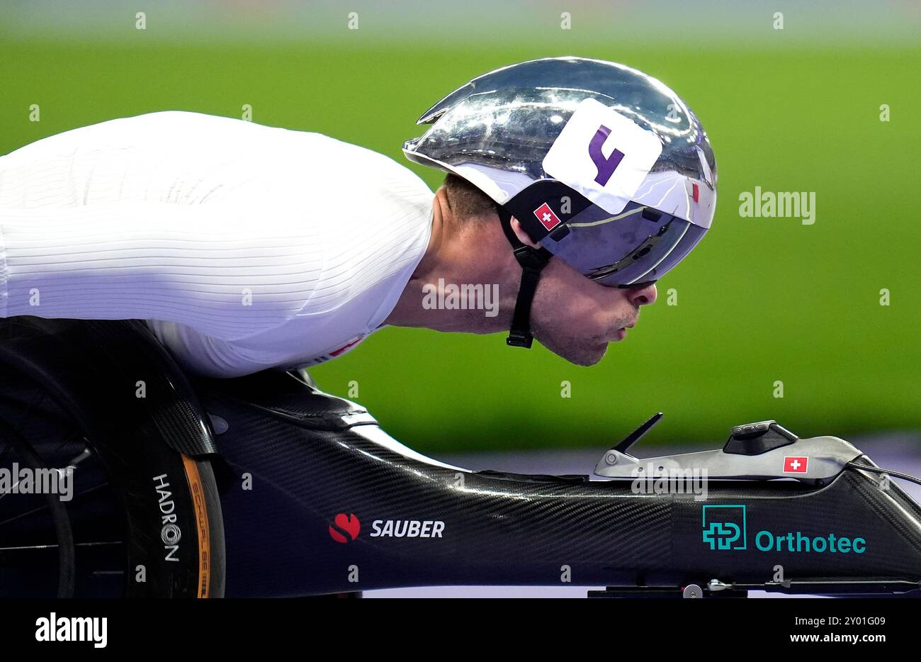 Switzerland's Marcel Hug competes in the Mens' 5000m T54 Final at the ...