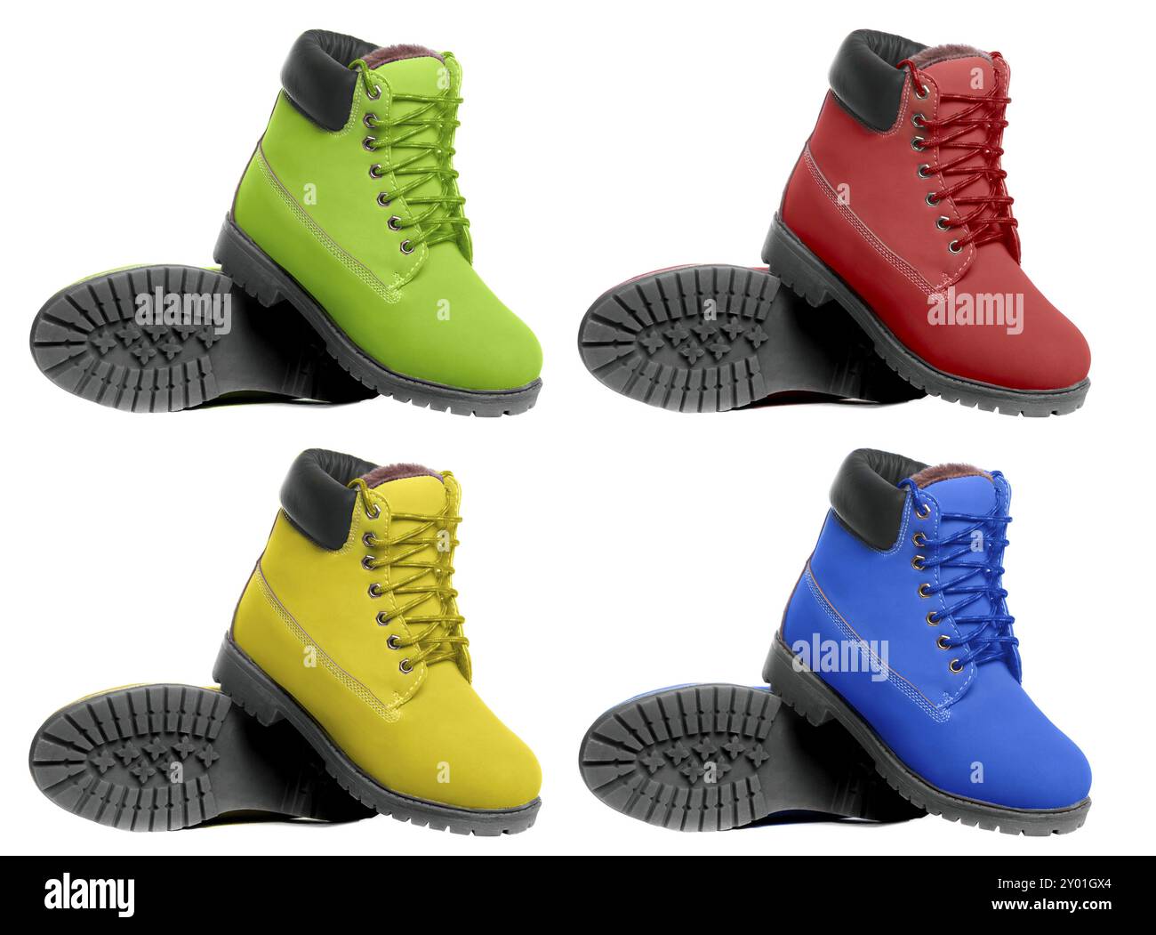 Set of multicolored boots. Angle view. Isolated on white background ...