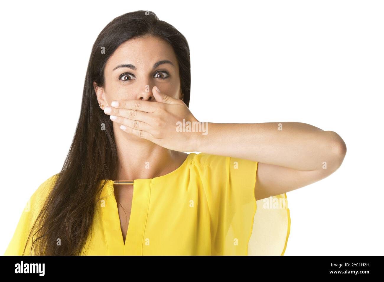 Female covering her mouth with her hand, isolated in white Stock Photo ...