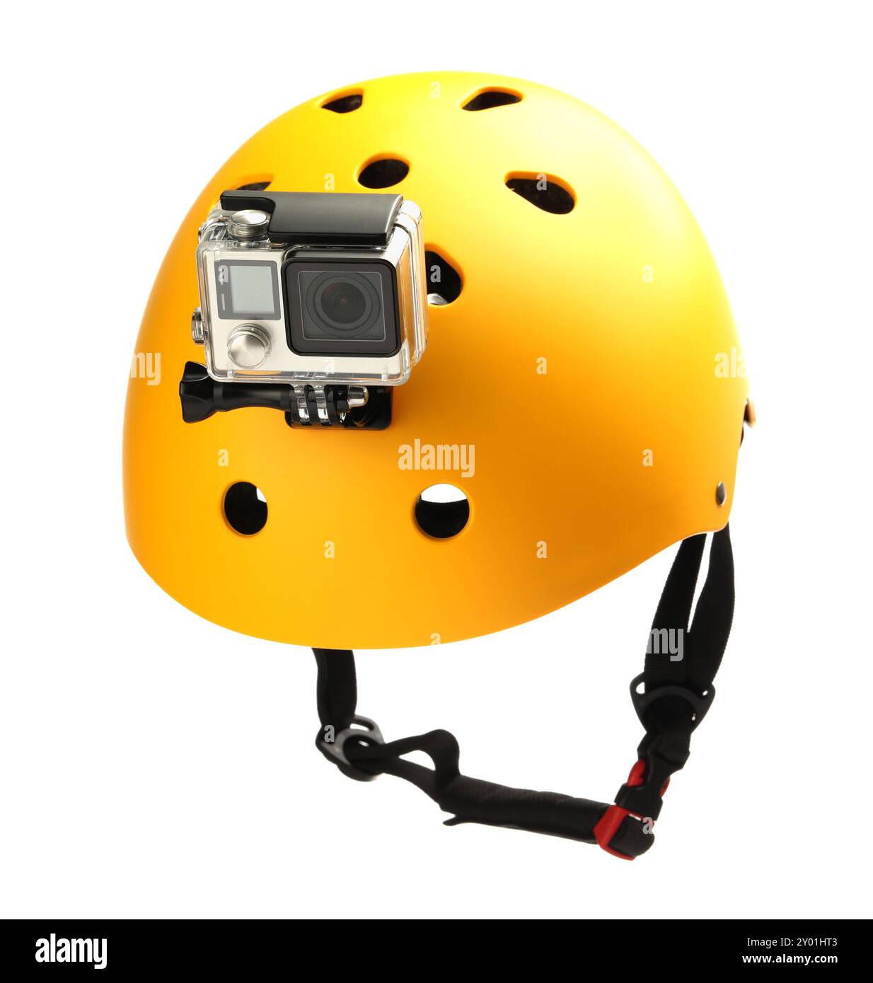 Modern action camera on helmet against white background Stock Photo - Alamy
