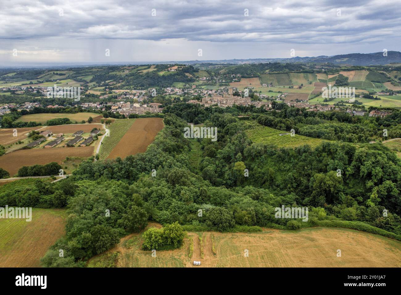 Aerial view of the italian landscape showing lush green forests and ...