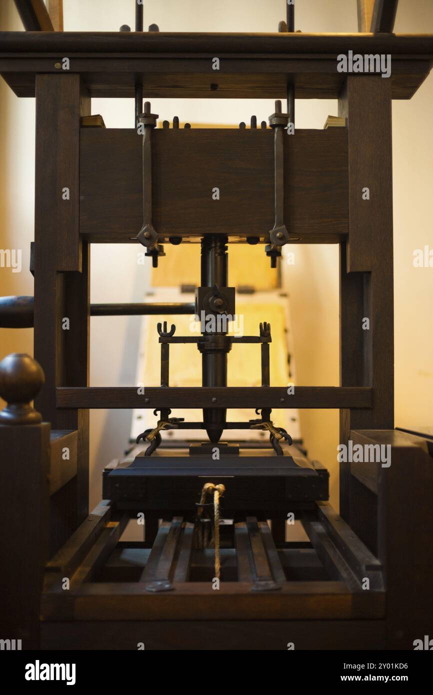 A beautiful old traditional wooden printing press used to mass produce ...