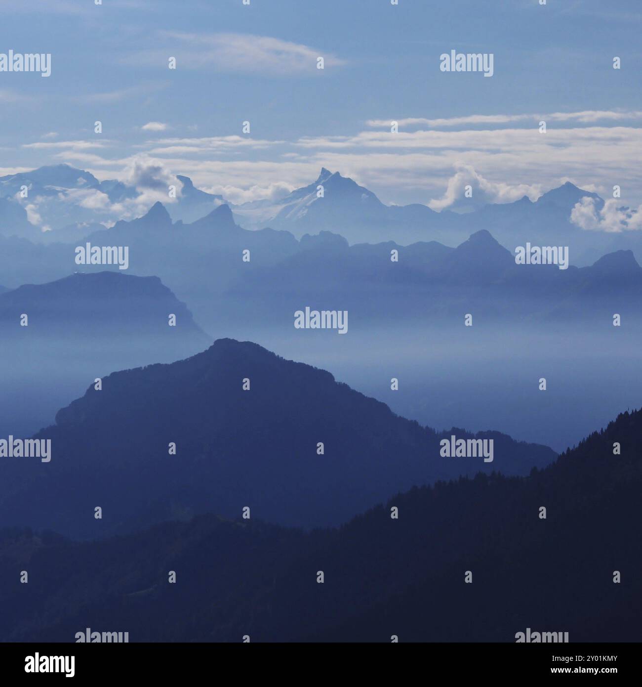 View from Mount Rigi, backlit mountain ranges Stock Photo - Alamy