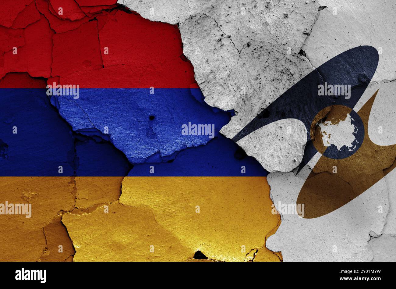 Flags of Armenia and Eurasian Economic Union painted on cracked wall ...