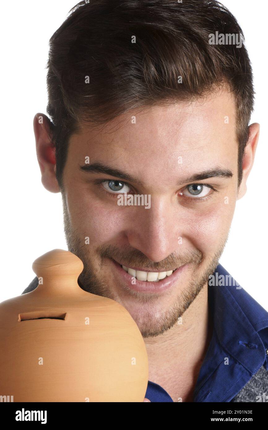 Portrait of a smiling 20 years old caucasian young man with blue eyes ...