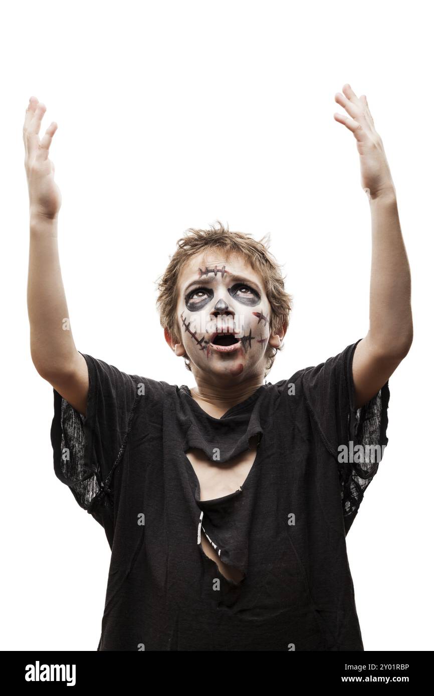 Halloween or horror concept, screaming walking dead zombie child boy ...