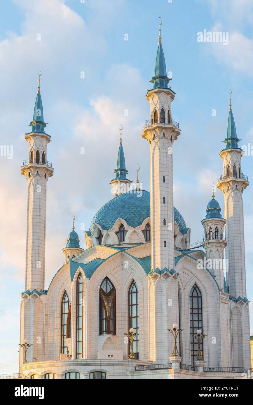 View of the minarets mosque Kul-Sharif at a sunset. Russia, Tatarstan ...