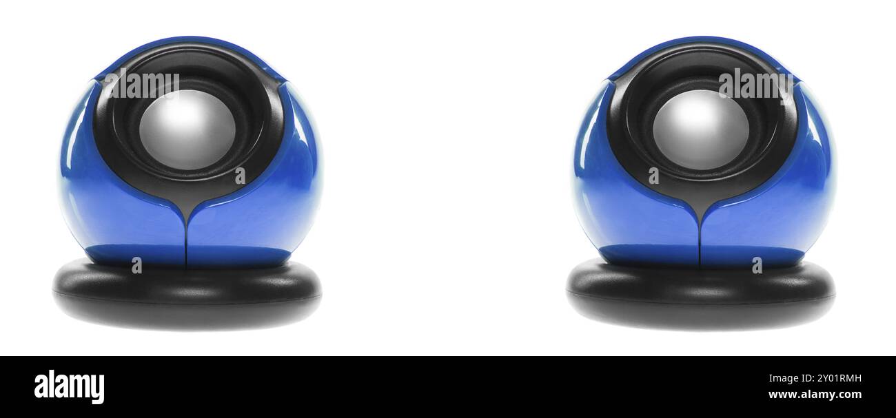 Two computer speakers on a white background. blue color Stock Photo - Alamy