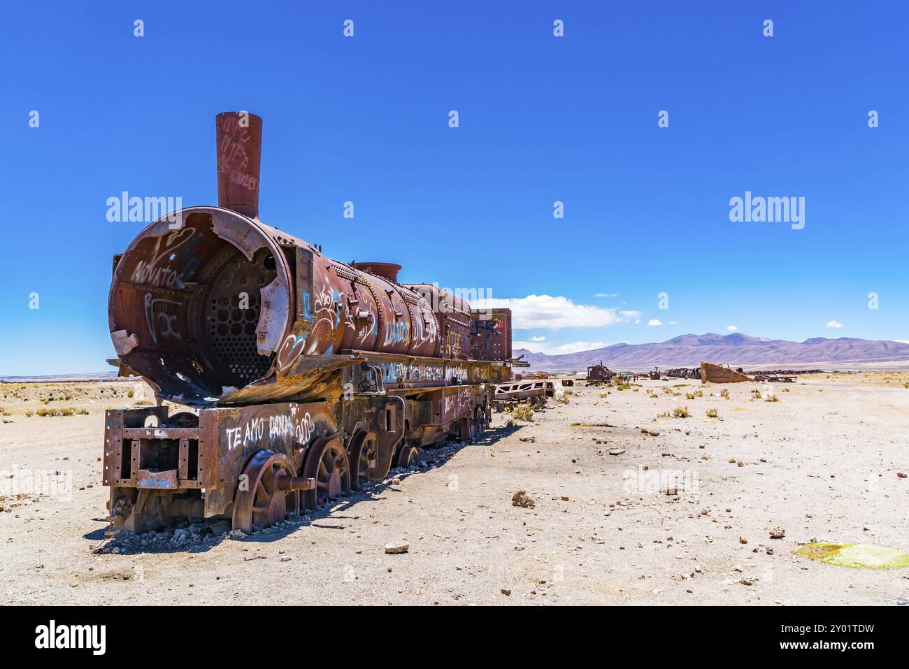 Rusty train in the famous train cemetry at Salar de Uyuni in Bolivia ...