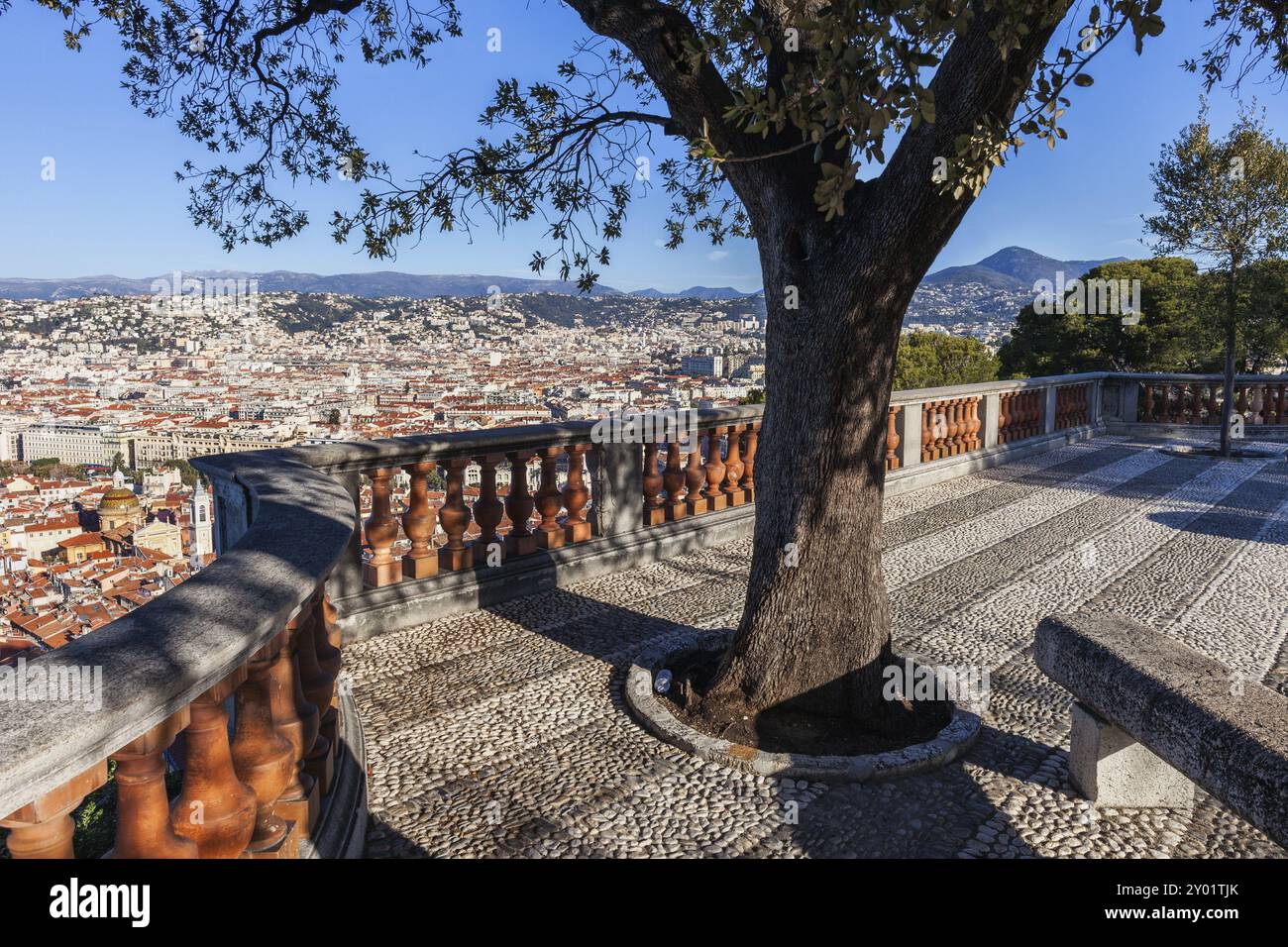 France, Nice city from above, hilltop viewpoint with cobbled terrace ...