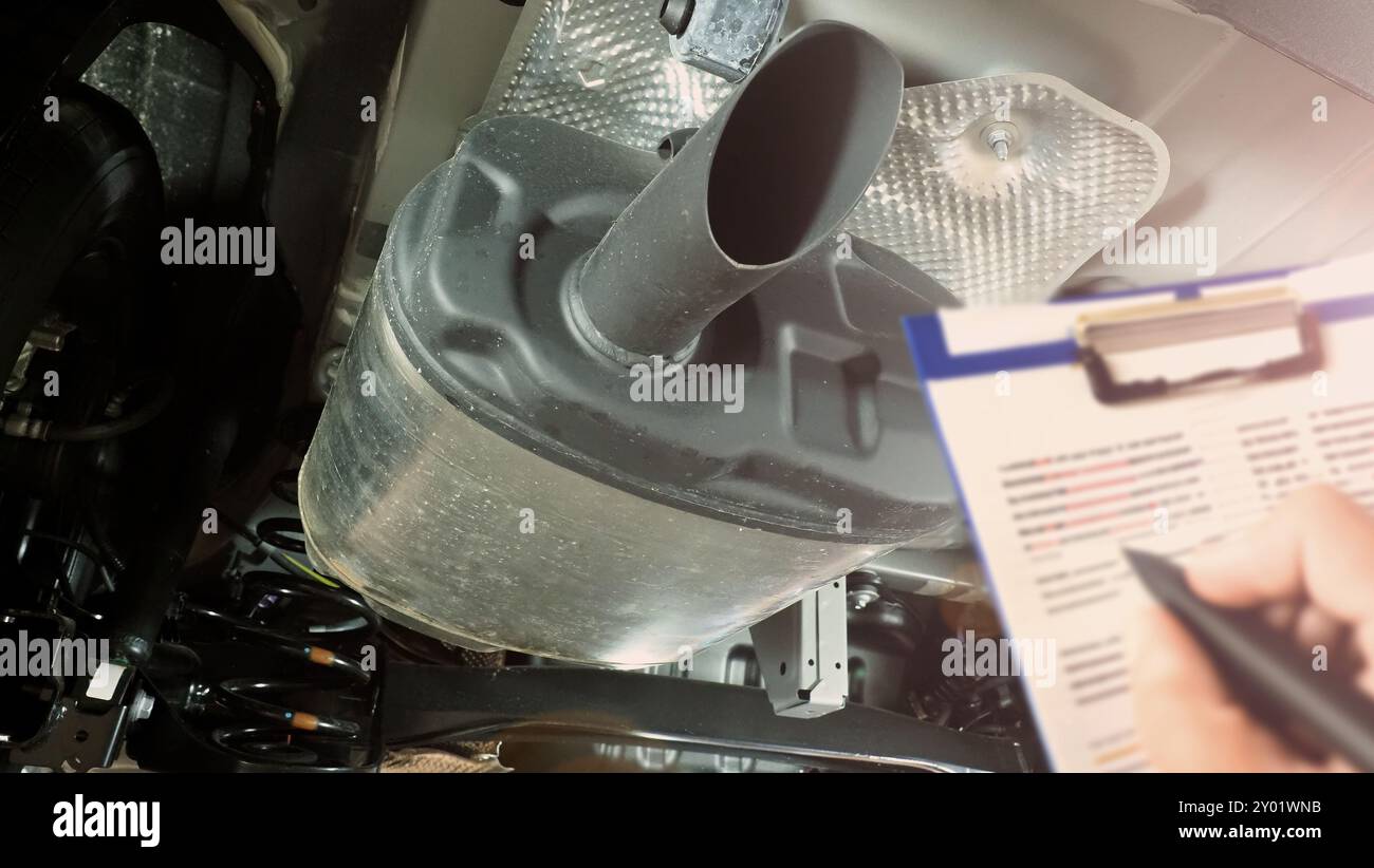 Under car exhaust pipe and suspension. Automotive mufflers. Inspection ...