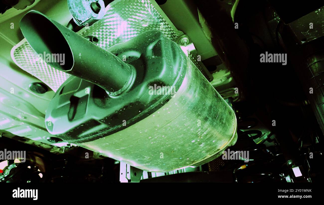 Under car exhaust pipe and suspension. Automotive mufflers. Inspection ...