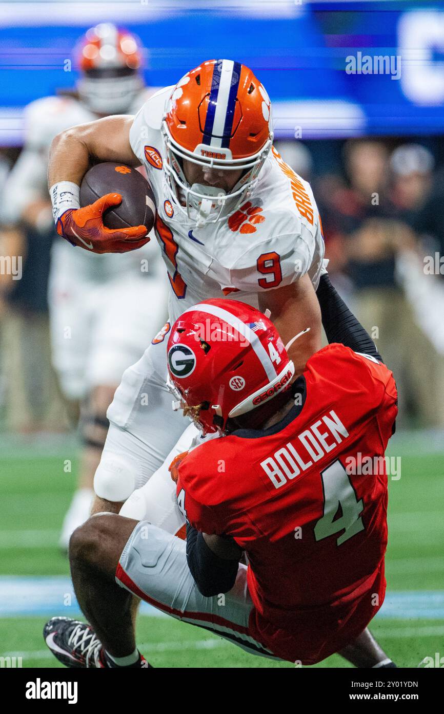 August 31, 2024: Clemson Tigers tight end Jake Briningstool (9) runs over Georgia Bulldogs ...