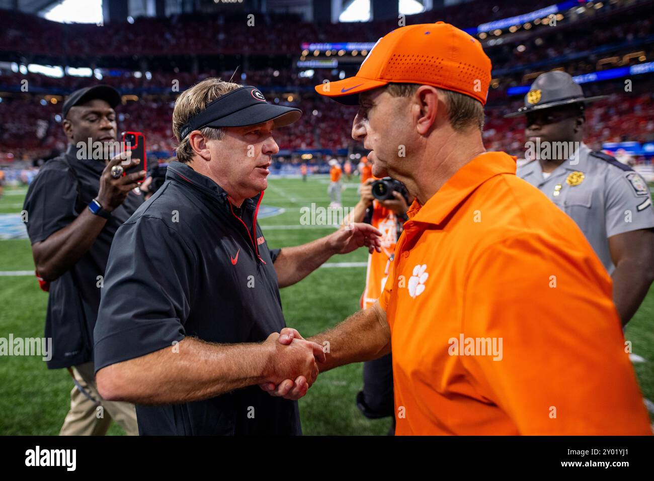 August 31, 2024: Georgia Bulldogs head coach Kirby Smart shakes hands ...