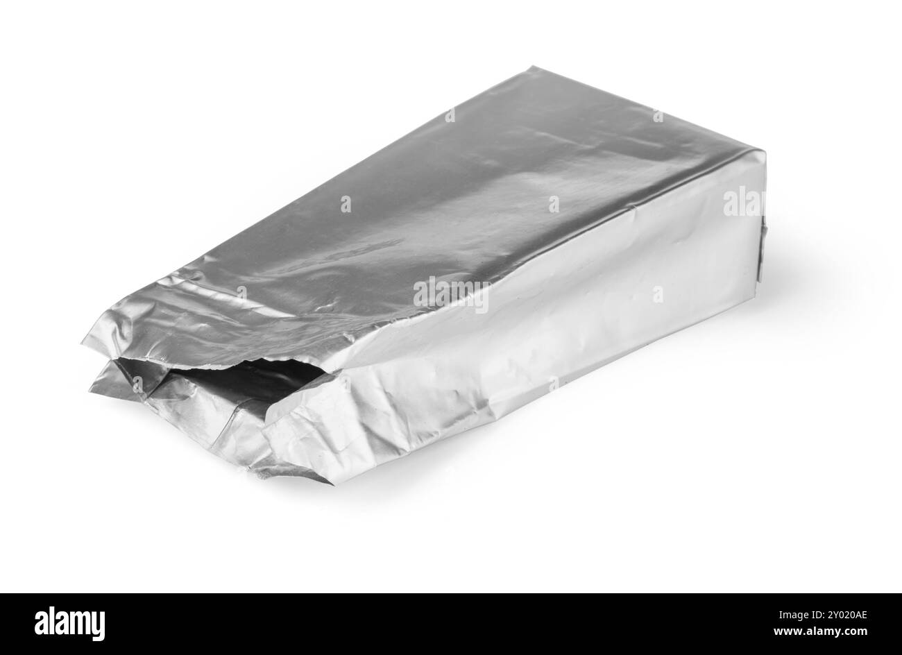 White shiny empty aluminum foil wrap on a white background. Texture of ...