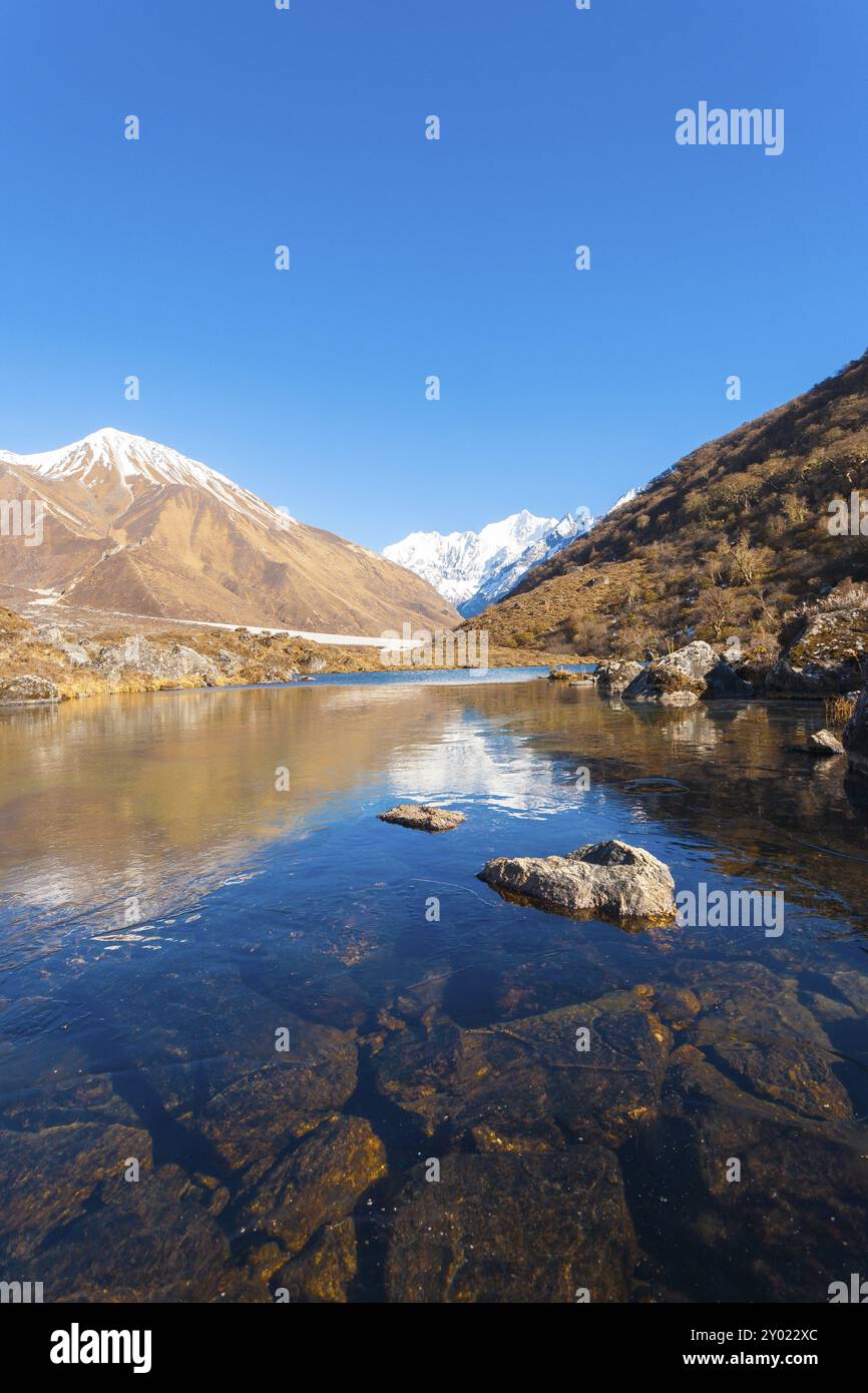 Thin layer of ice on a clear water, high altitude pond reflects snow ...