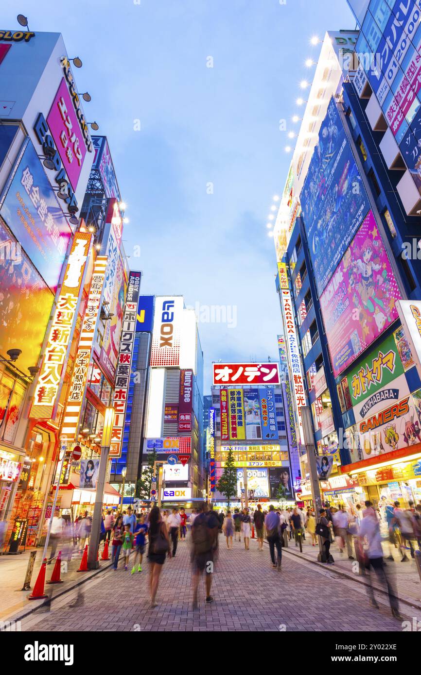 Tokyo, Japan, July 29, 2015: Bright neon lights and billboard ...