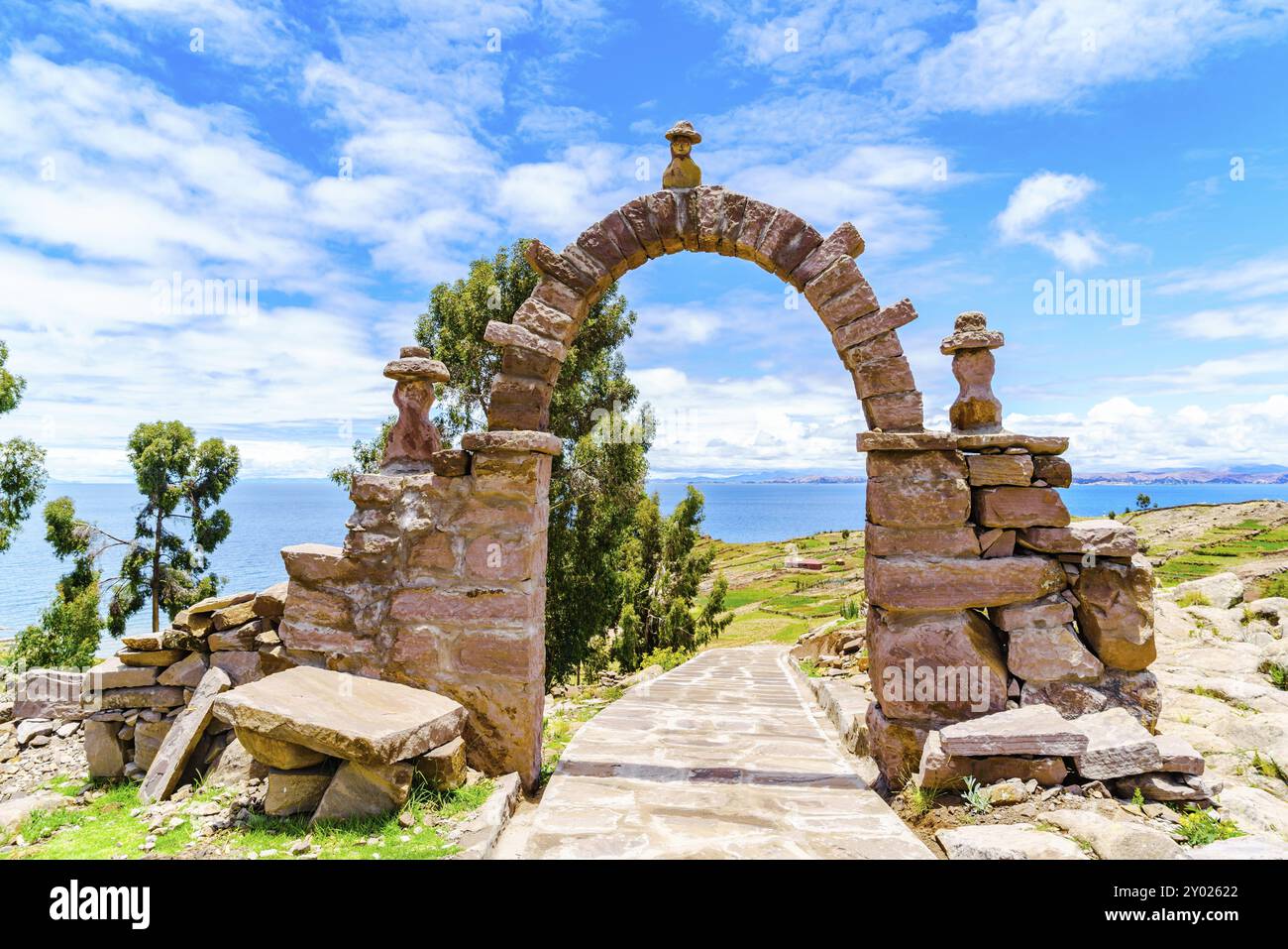 The stone arch leading to the main square of Taquile Island in Lake ...