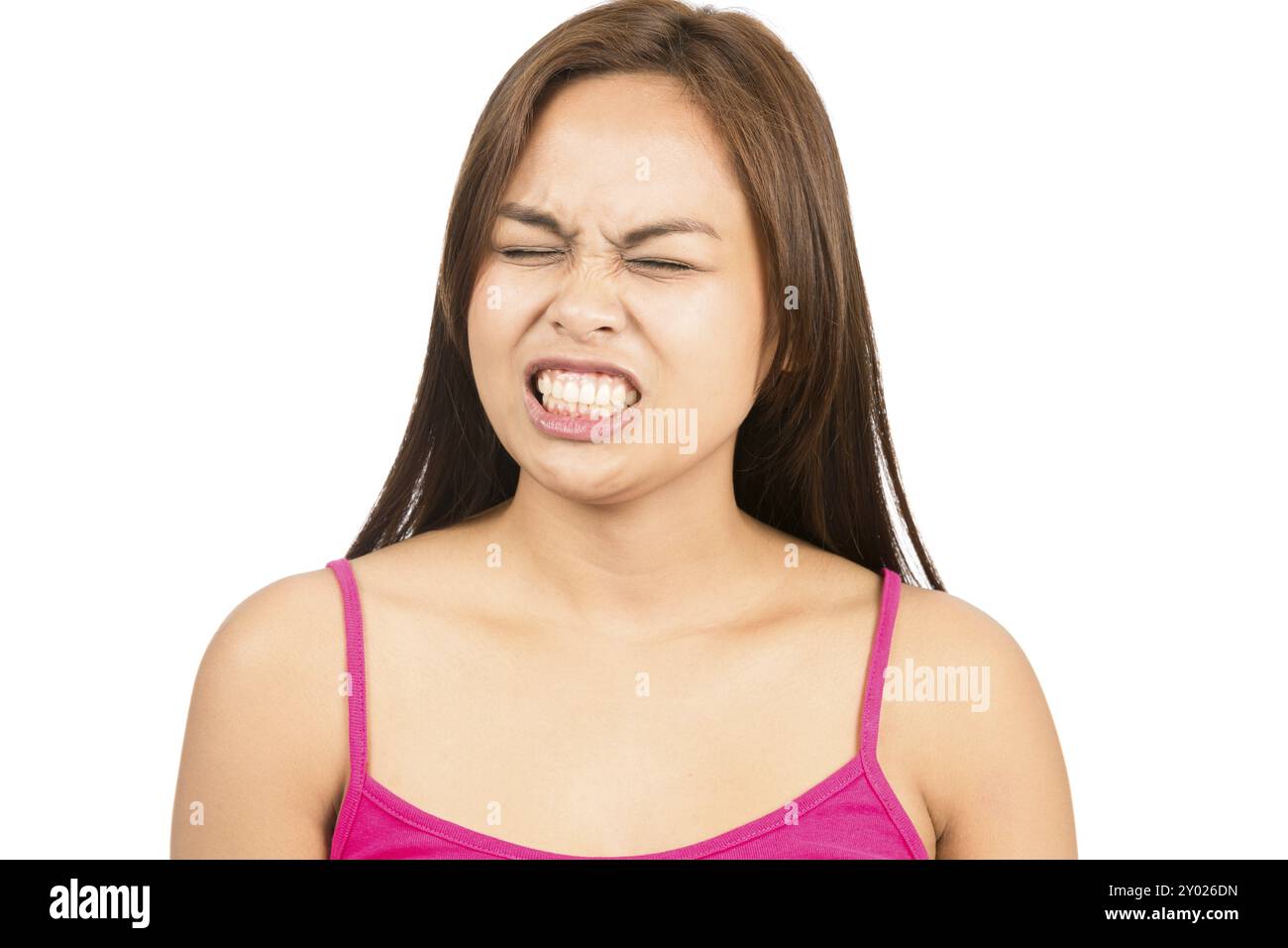 A cute angry Asian woman, eyes closed, wearing pink sleeveless tank top ...