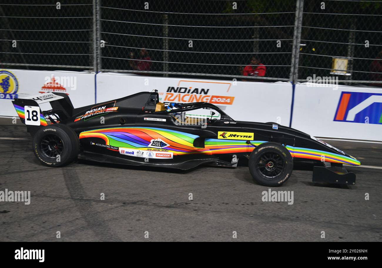 Chennai, INDIA. 31st Aug, 2024. F4 racing cars are on action speeding ...
