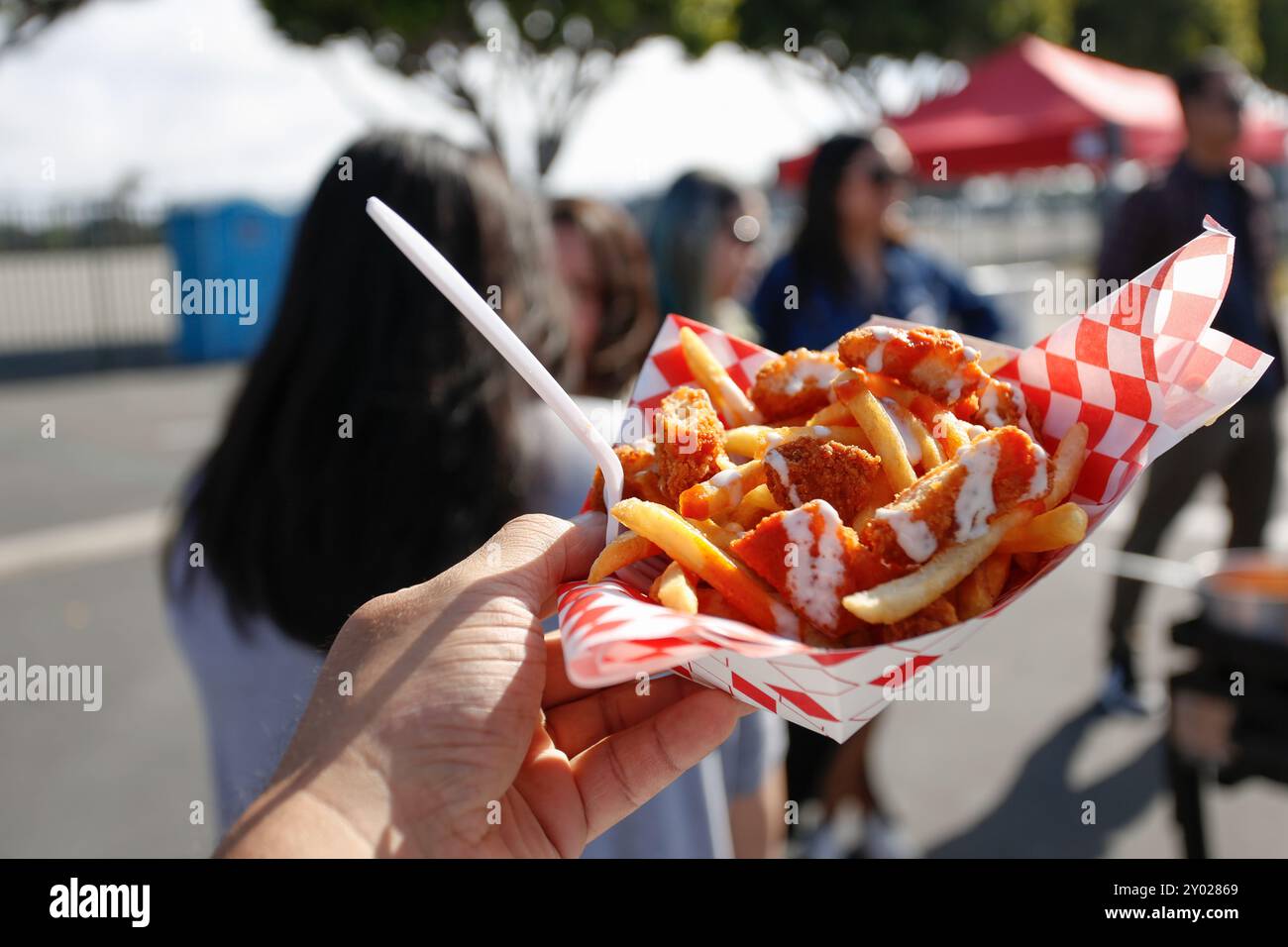 A view of a hand holding a tray of loaded french fries, seen at a local ...
