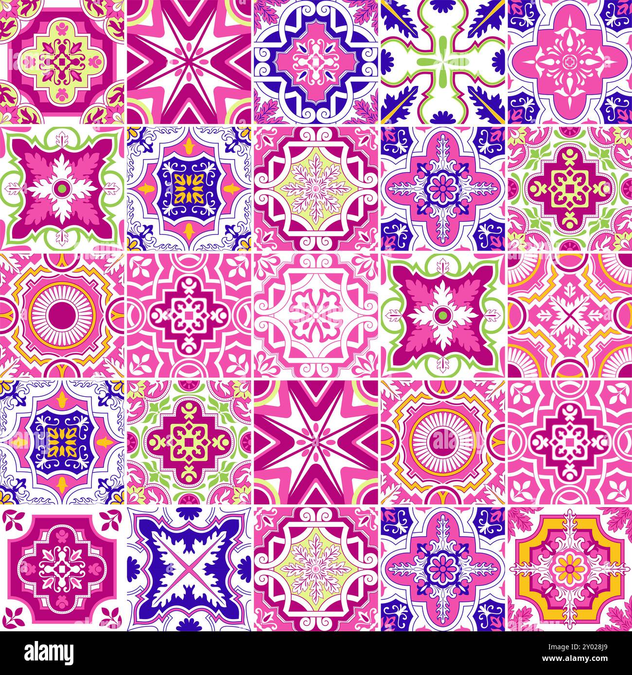Pink and Blue Portuguese Azulejos Seamless Pattern Mosaic Tiles Checkered Vector Background ...