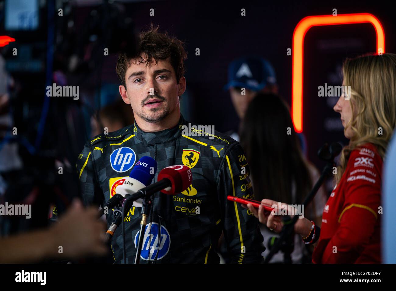 Charles Leclerc, driver of Ferrari F1 Team, interviews after the ...
