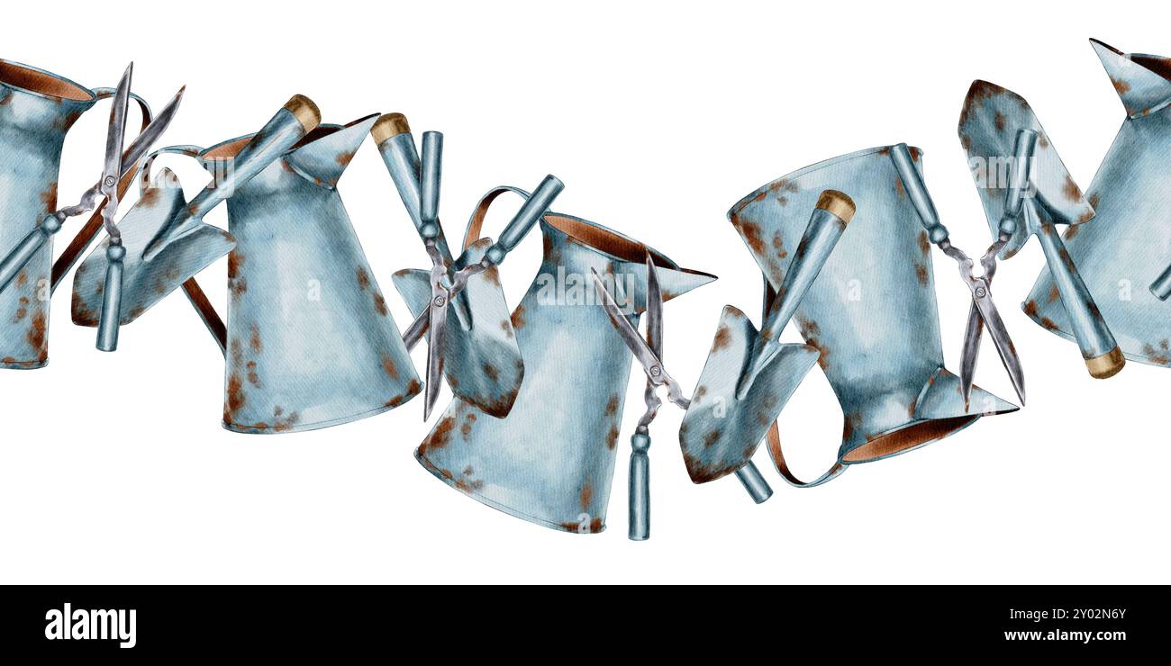 Garden tools seamless border watercolor illustration Stock Photo - Alamy
