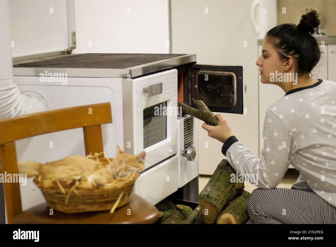 Poor teen girl putting firewood in the stove indoors at home, poverty ...