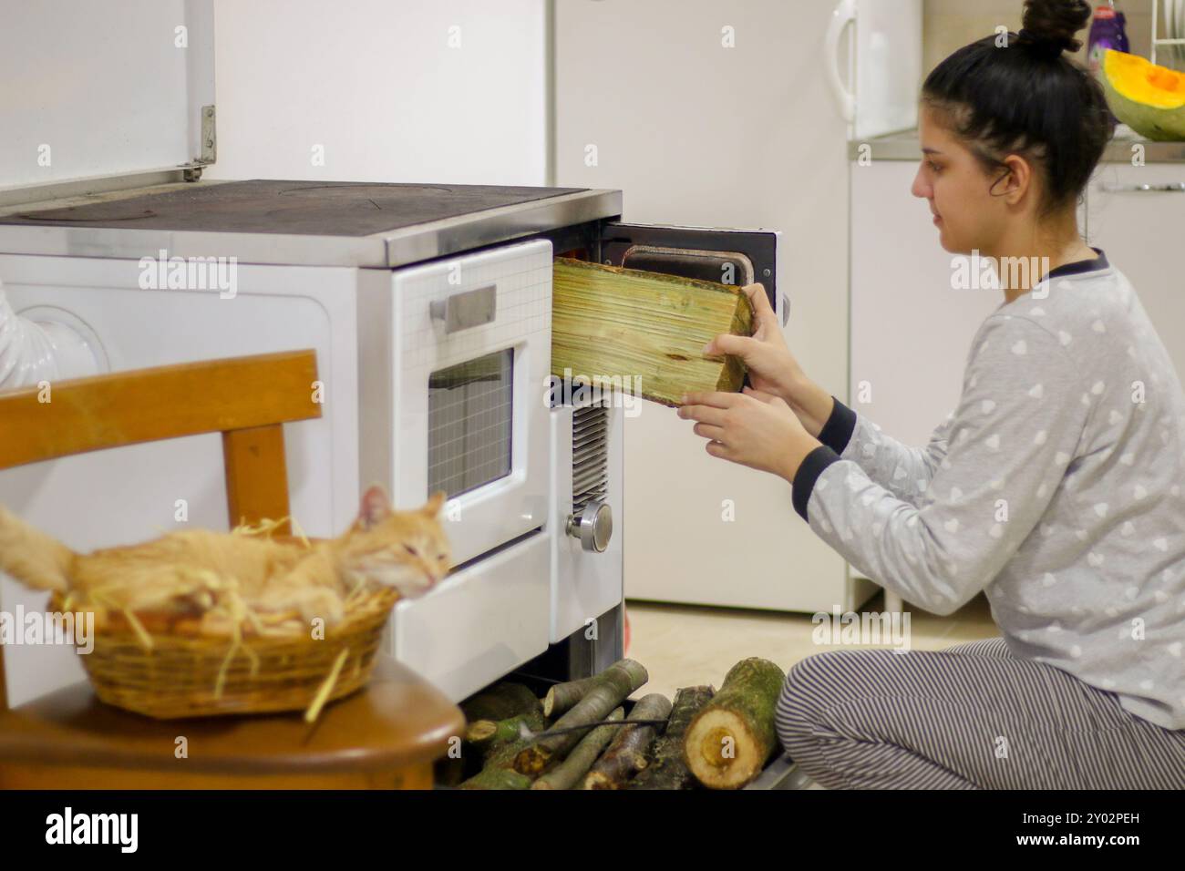 Poor teen girl putting firewood in the stove indoors at home, poverty ...