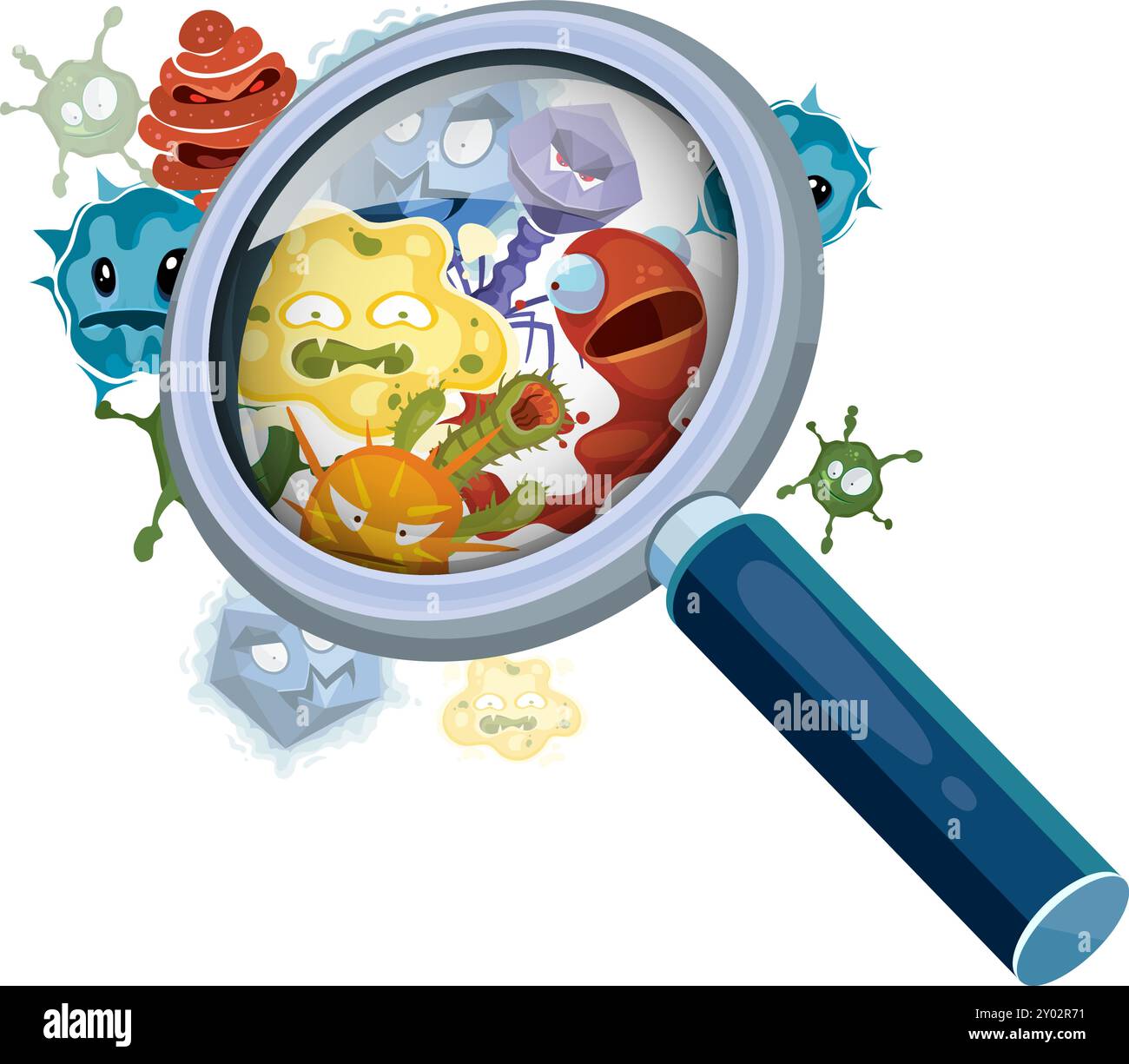 Microbes in magnifying glass. Bacteria and viruses research. Biology ...