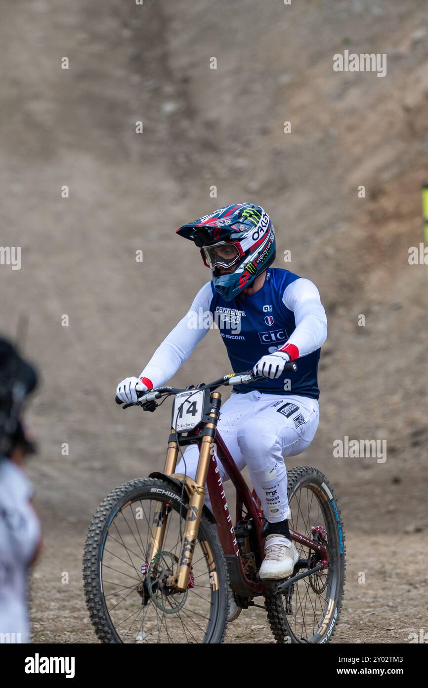 Pal Arinsal, Andorra : August 312024 : Thibaut Daprela of France arriving at the finish line in ...
