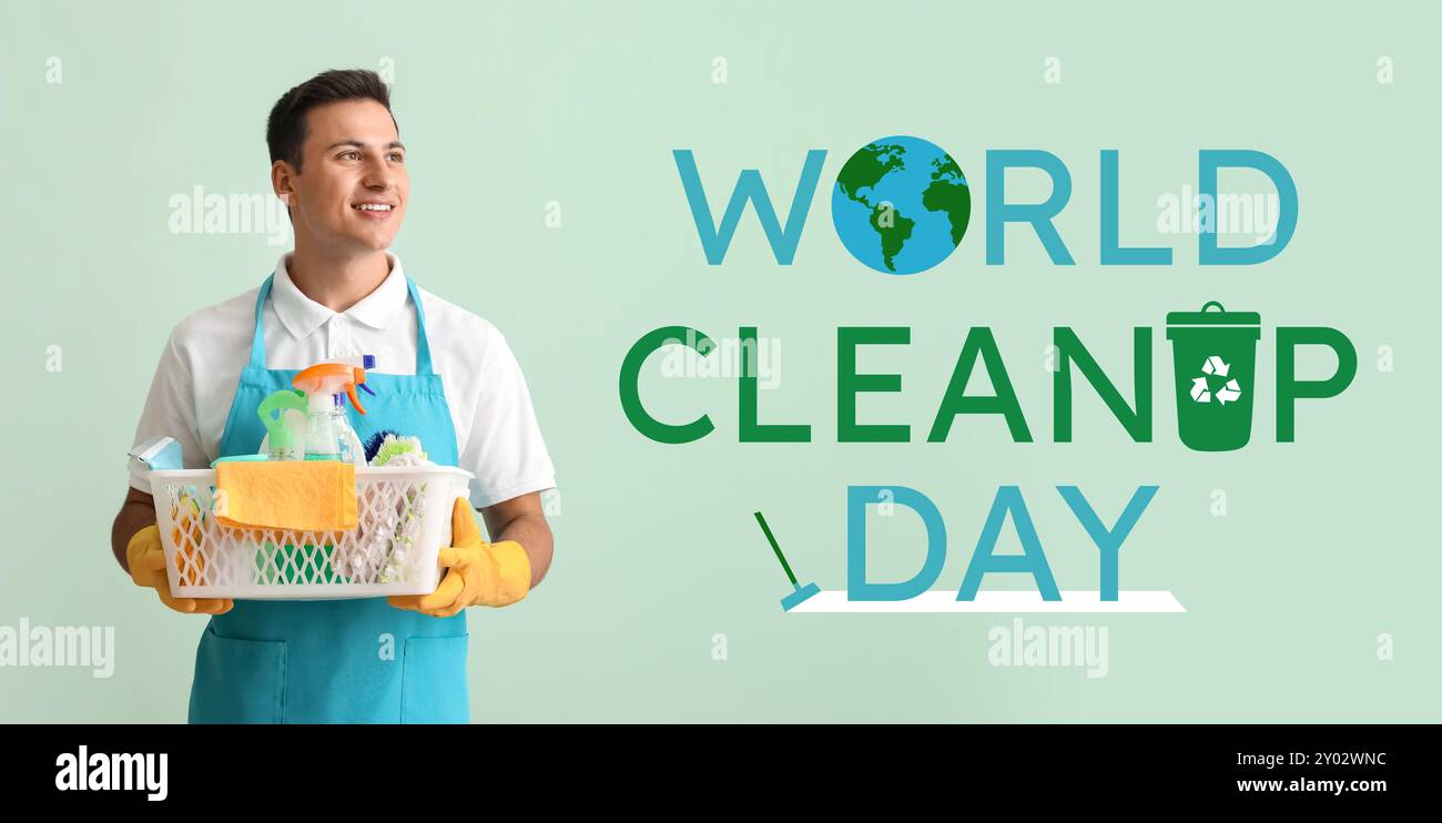 Banner for World Cleanup Day with male janitor Stock Photo - Alamy