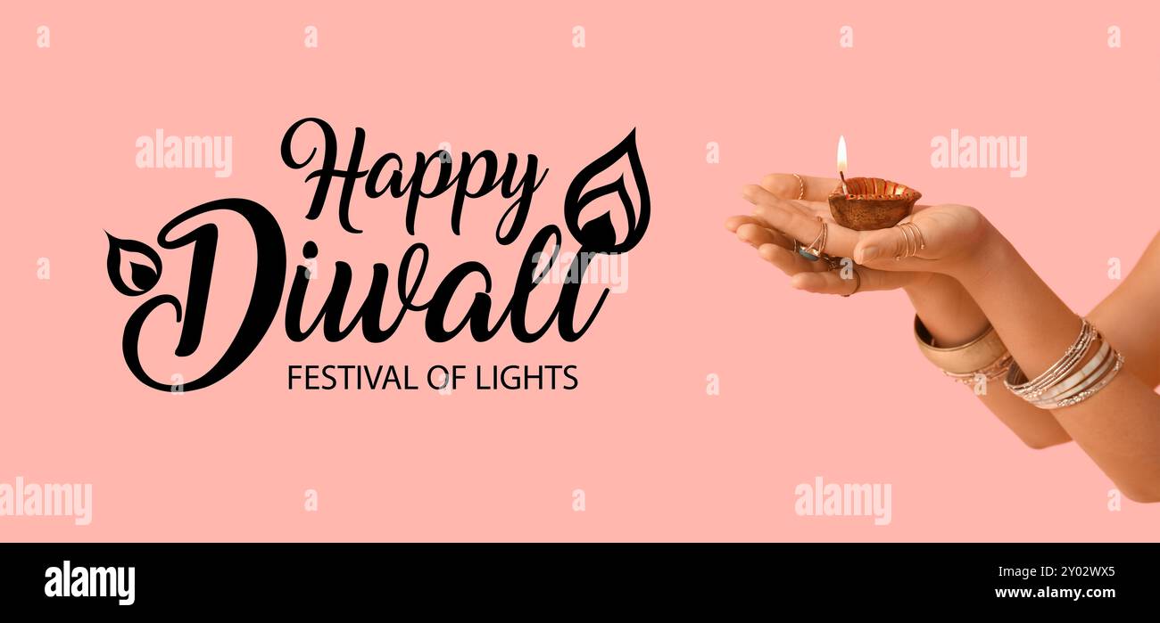 Greeting banner for Divali with beautiful Indian woman holding diya ...