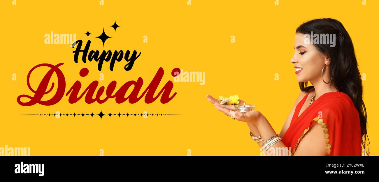 Greeting banner for Divali with beautiful Indian woman holding candle ...