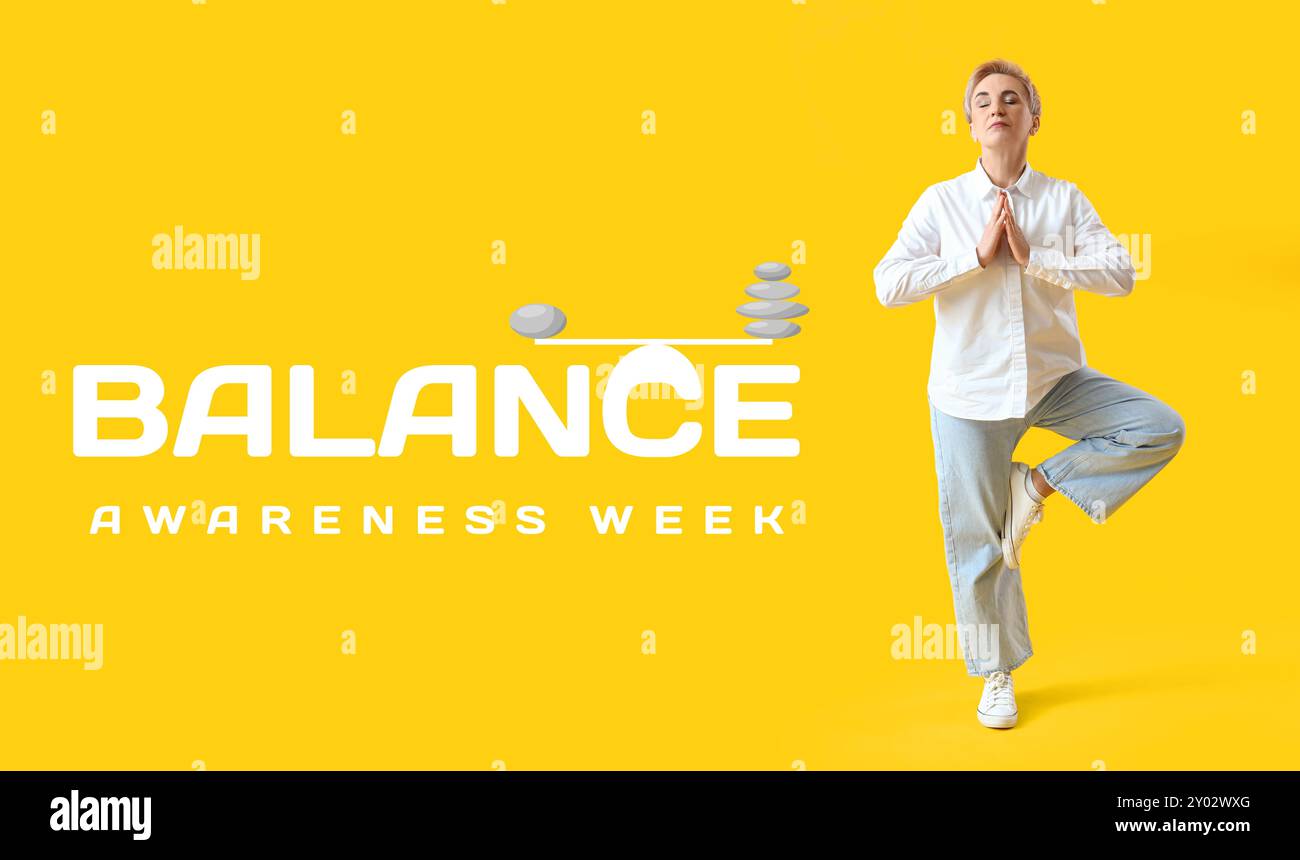 Banner for Balance Awareness Week with meditating mature woman Stock ...