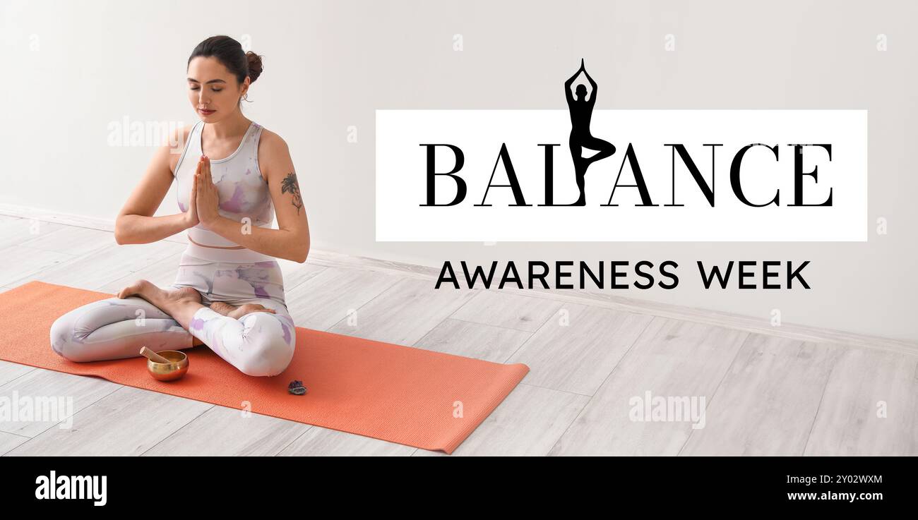 Banner for Balance Awareness Week with meditating young woman at home ...