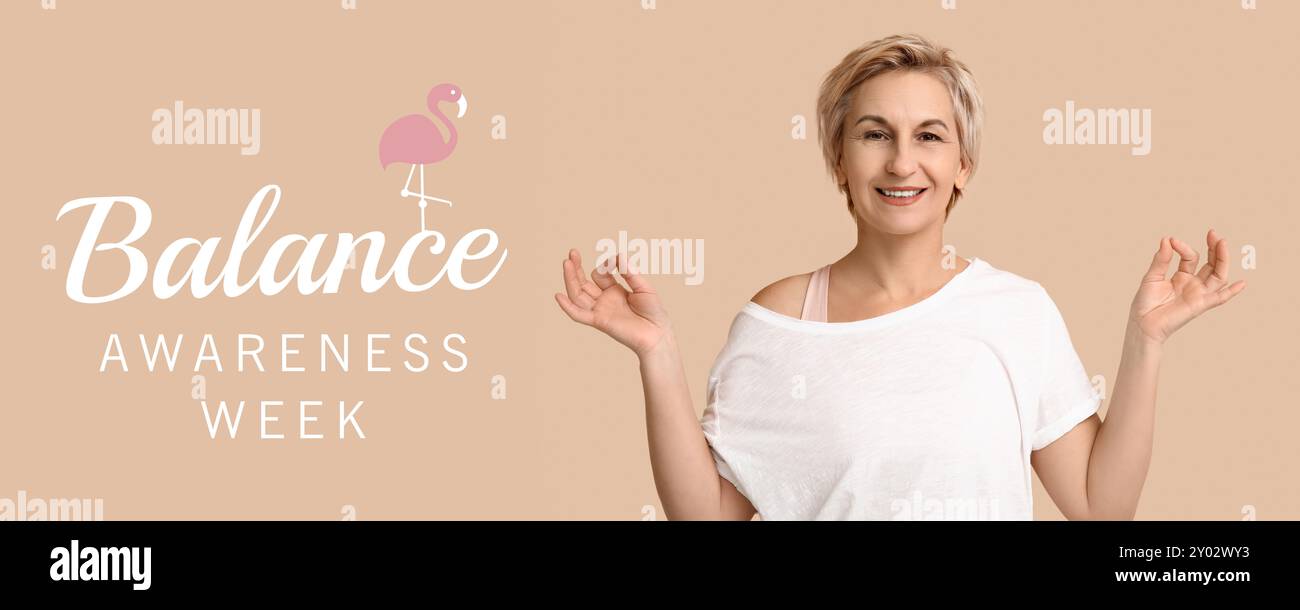 Banner for Balance Awareness Week with meditating mature woman Stock ...