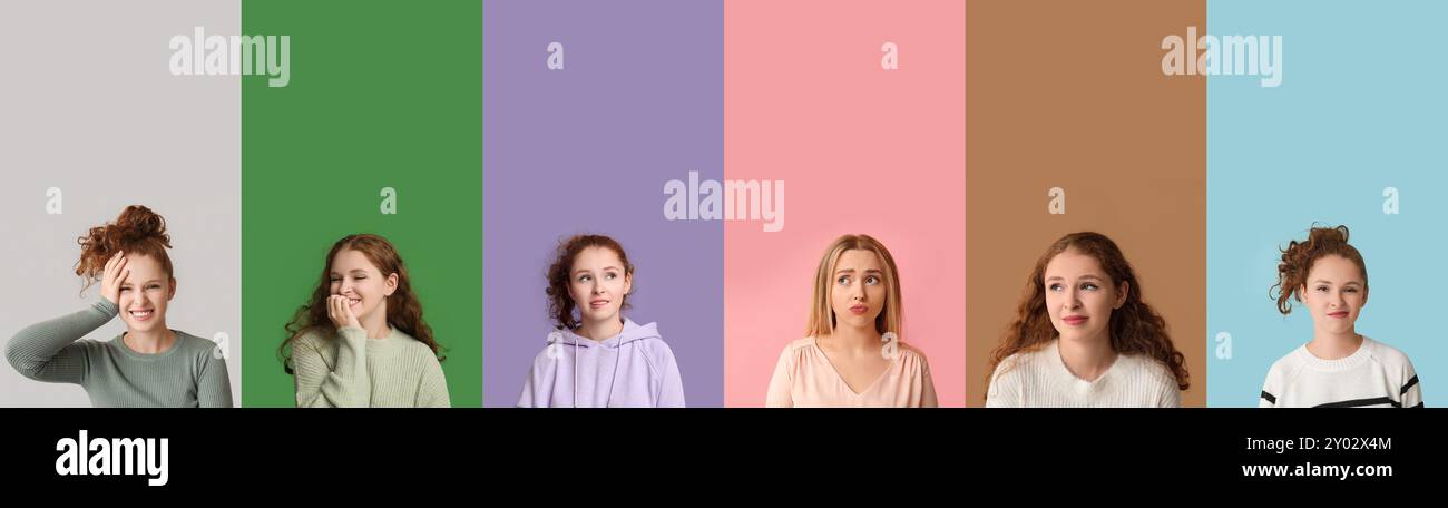 Set of young women feeling shame on color background Stock Photo - Alamy
