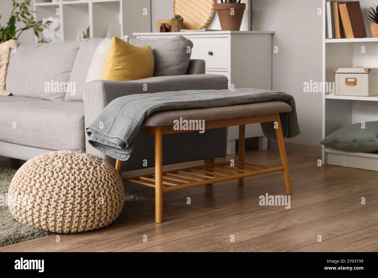 Interior of modern living room with grey sofa, pouf and bench Stock ...