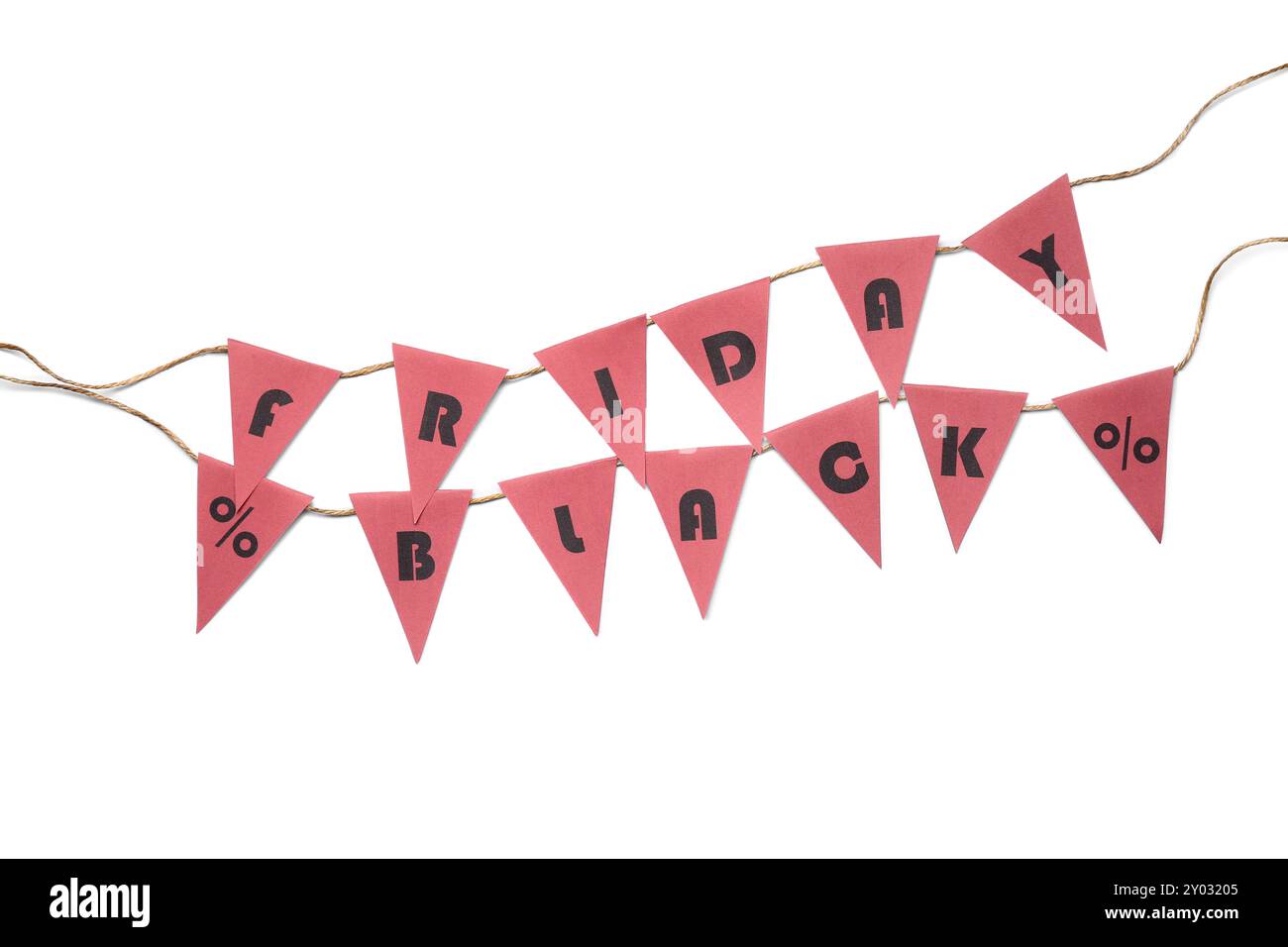 Rope, flags with text BLACK FRIDAY and percent signs on white ...