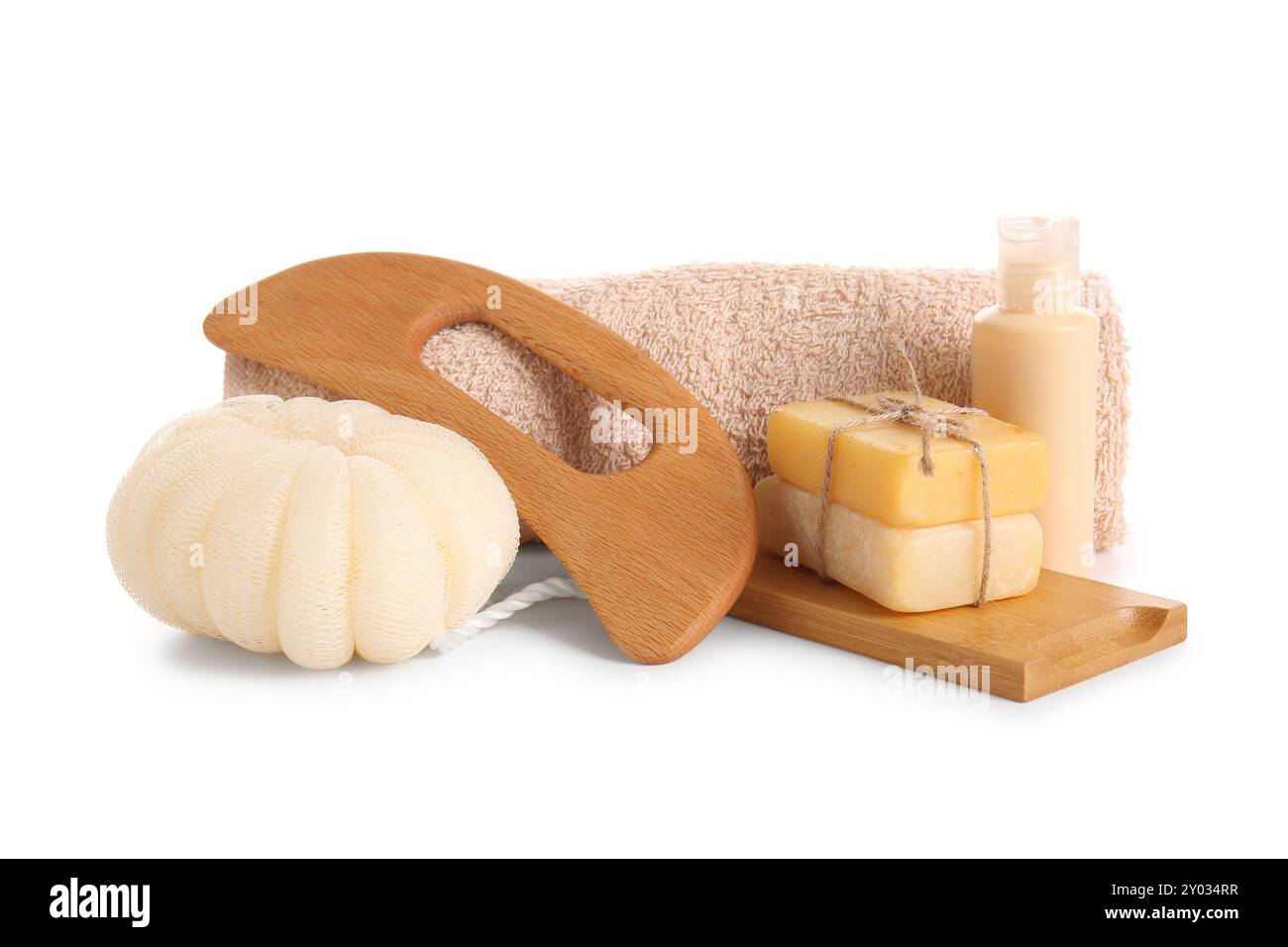 Beautiful composition with guasha body scraper and bath supplies on ...